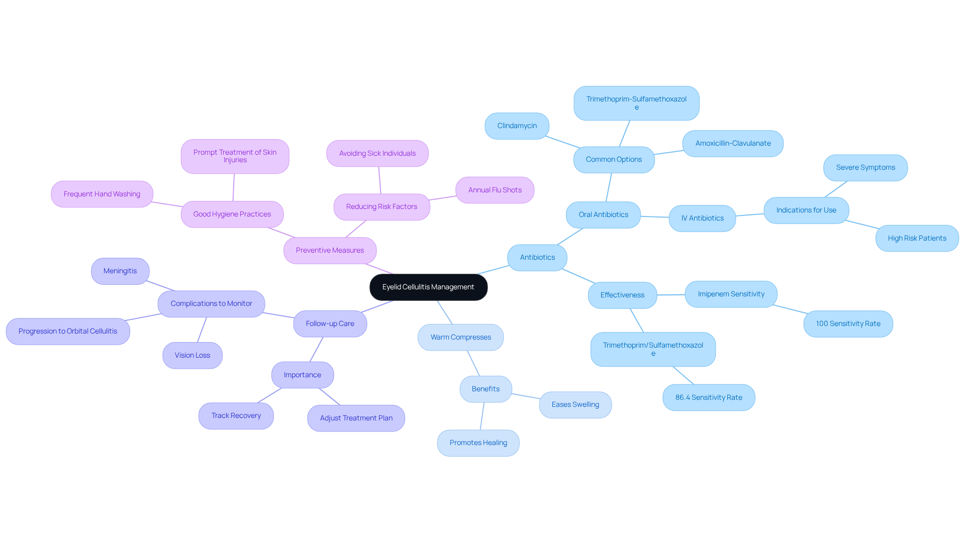 The central node represents the overall management of eyelid cellulitis, while the branches show different strategies. Each strategy has its own details that help in understanding how to effectively manage the condition.