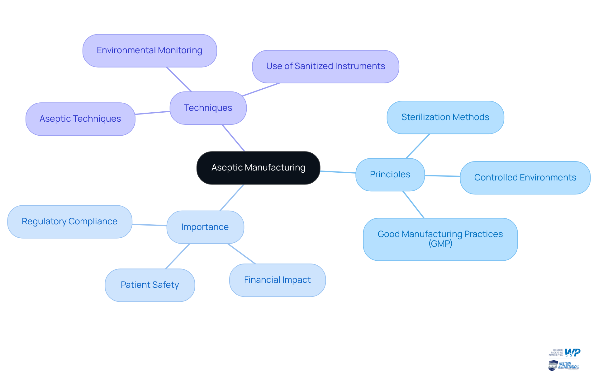 This mindmap starts with the core topic in the center, then branches out to show related principles and their significance. Each branch represents a key area of aseptic manufacturing, helping you understand the full scope at a glance.