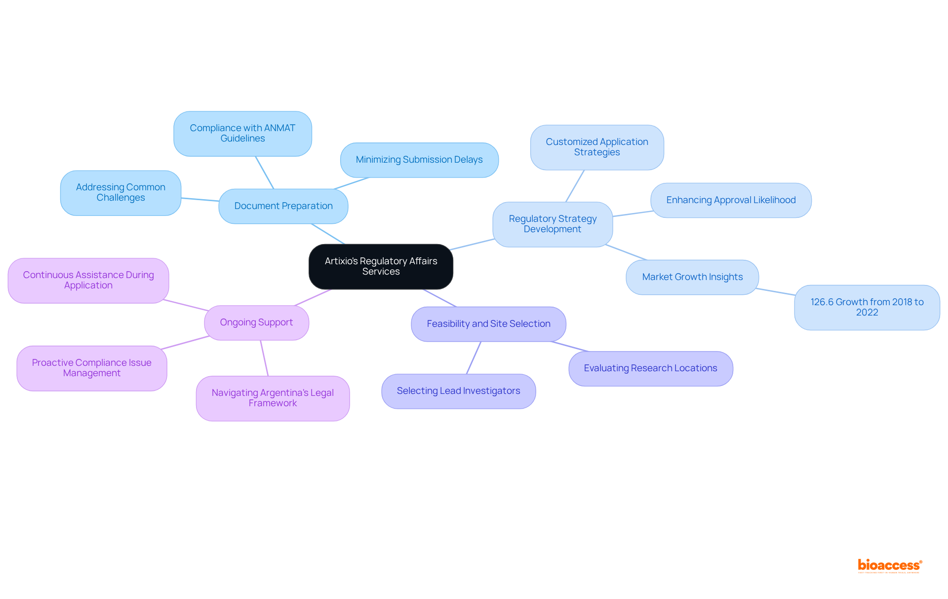 The center represents the core services offered by bioaccess, while the branches illustrate the different key areas of support. Each area contains sub-points that detail what bioaccess does, making it easy to see how everything connects.