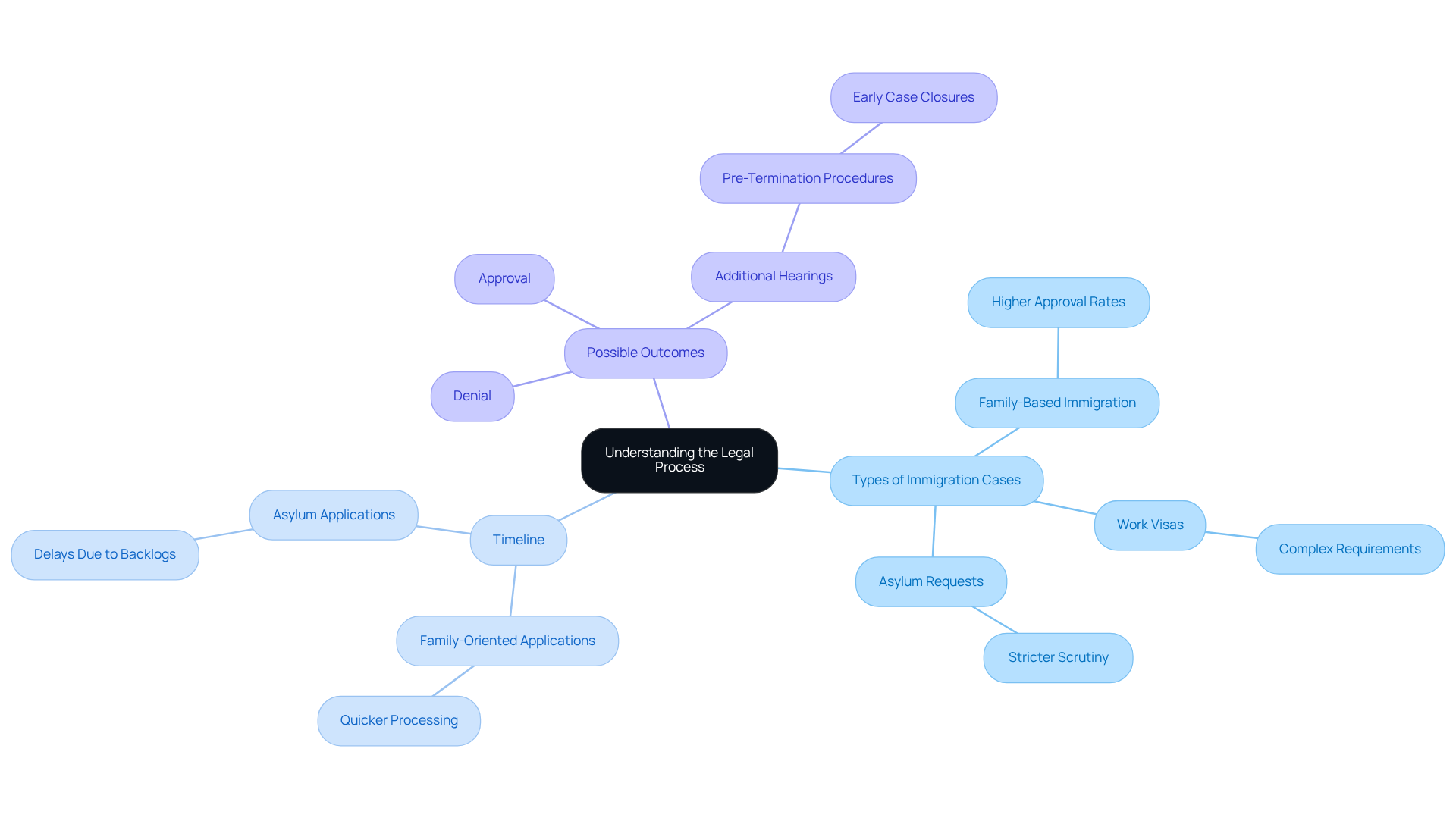 Start at the center with the main topic, then explore each branch to understand the different aspects of the legal process. Each color represents a different category, helping you see how they relate to the overall process.