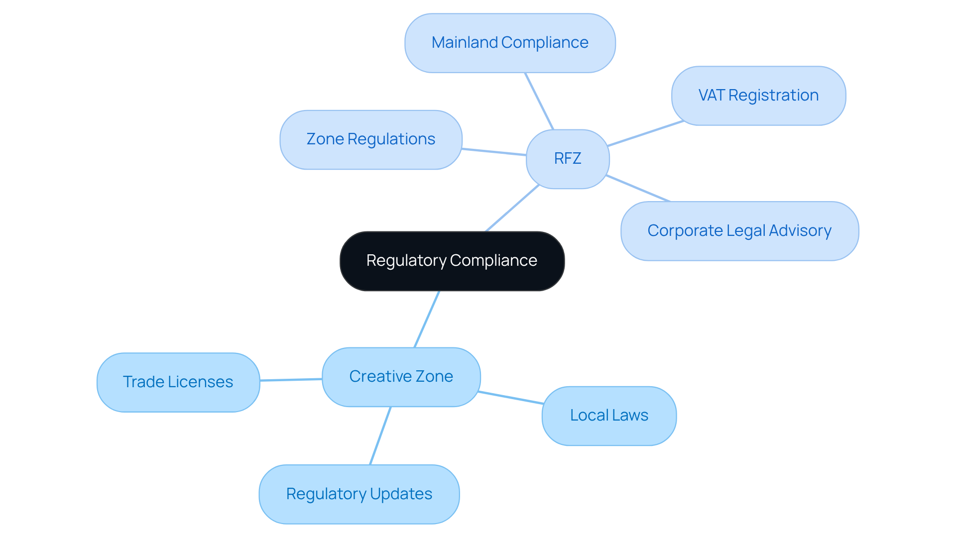 The center represents the overall theme of regulatory compliance, while the branches show how each organization contributes to this theme with their specific services.