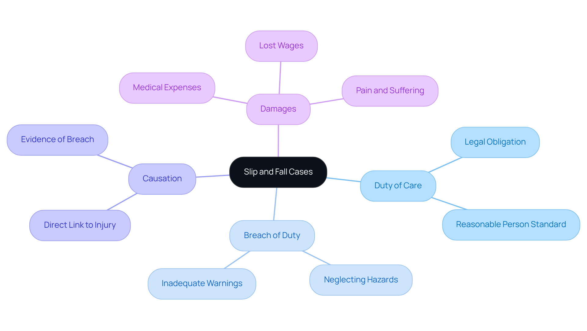 This mindmap starts with the main topic of slip and fall cases at the center. Each branch represents a crucial element of a claim, helping you see how they all connect and what you need to know if you find yourself in such a situation.