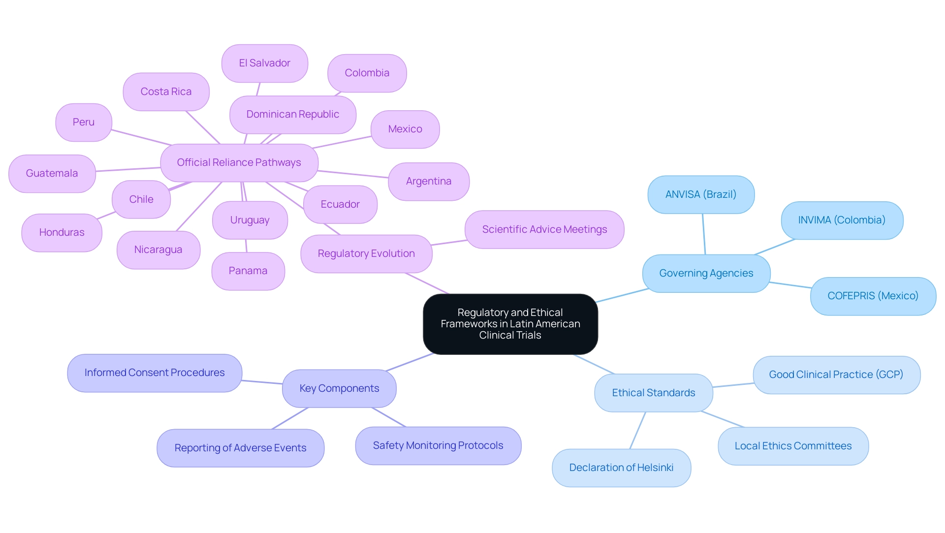 Central node represents the overarching theme; branches indicate major categories like Governing Agencies, Ethical Standards, and Key Components, each with sub-branches for specific elements.