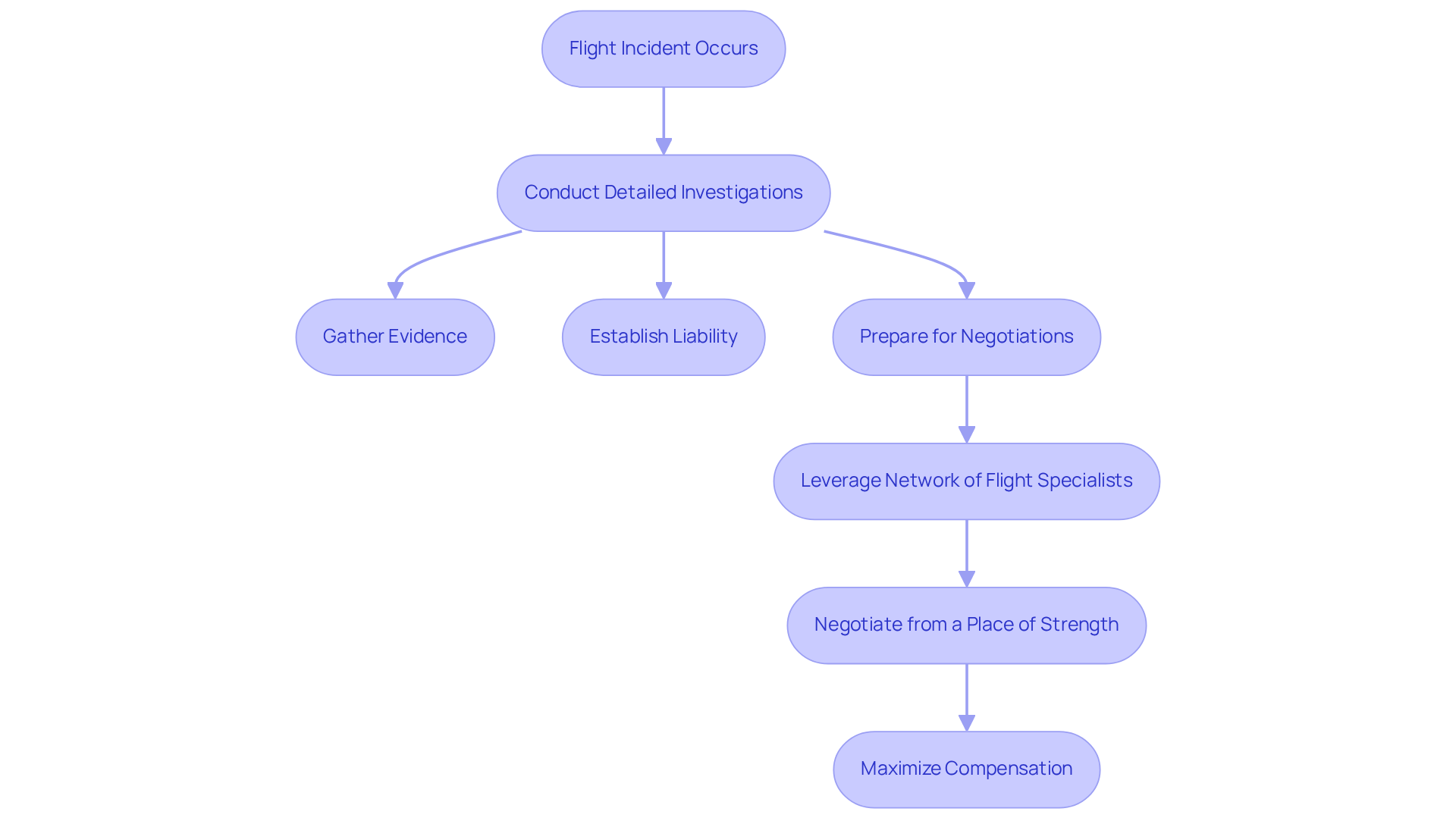 Follow the arrows to see the steps taken after a flight incident. Each box represents a key action in the process, leading to the ultimate goal of maximizing compensation for clients.
