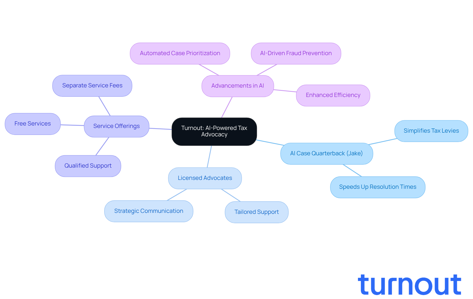 The central node represents Turnout's main service, while the branches show different aspects of how they help with tax levies. Each branch connects to specific details, making it easy to see how everything relates.