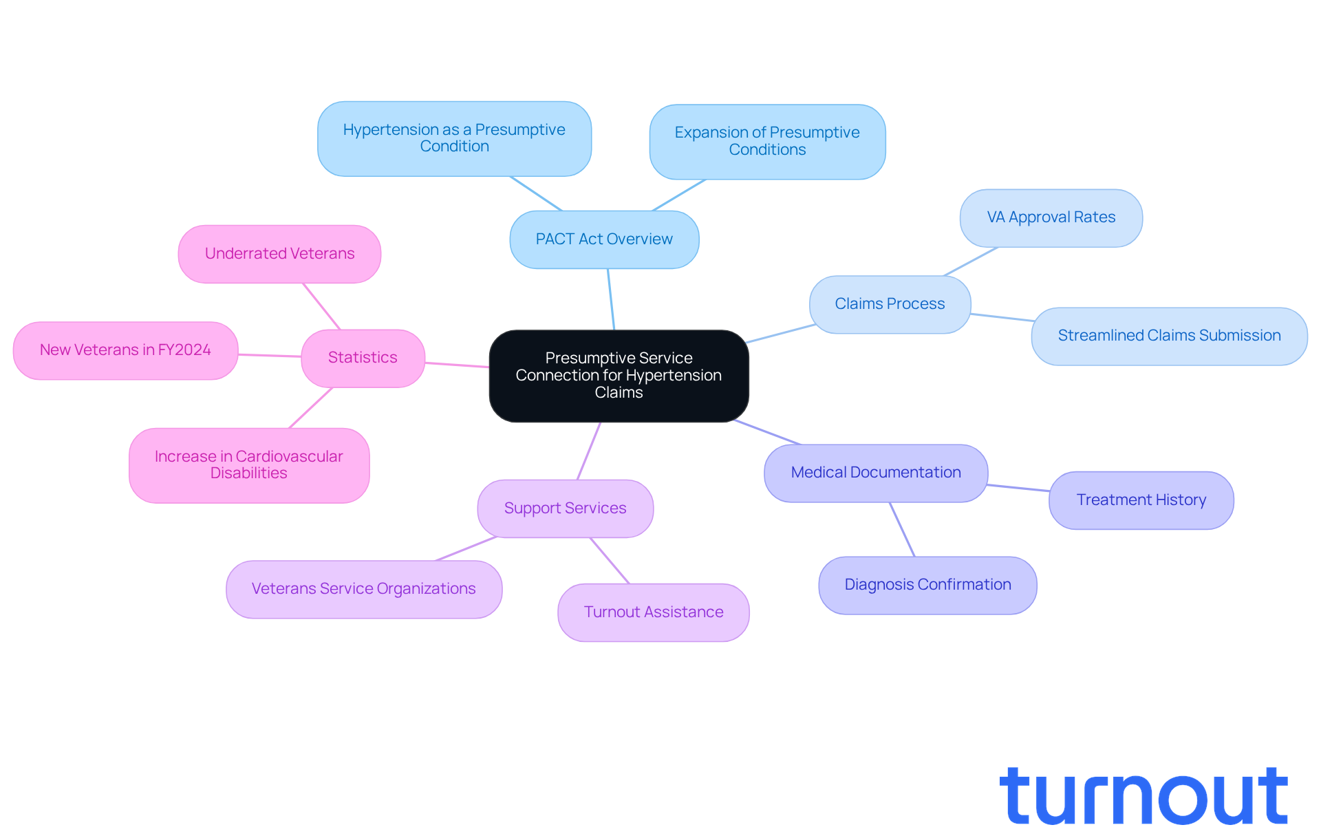 The central node represents the main topic, while the branches show related areas of information. Each color-coded branch helps you see how different aspects connect to the main idea, making it easier to understand the claims process and available support.