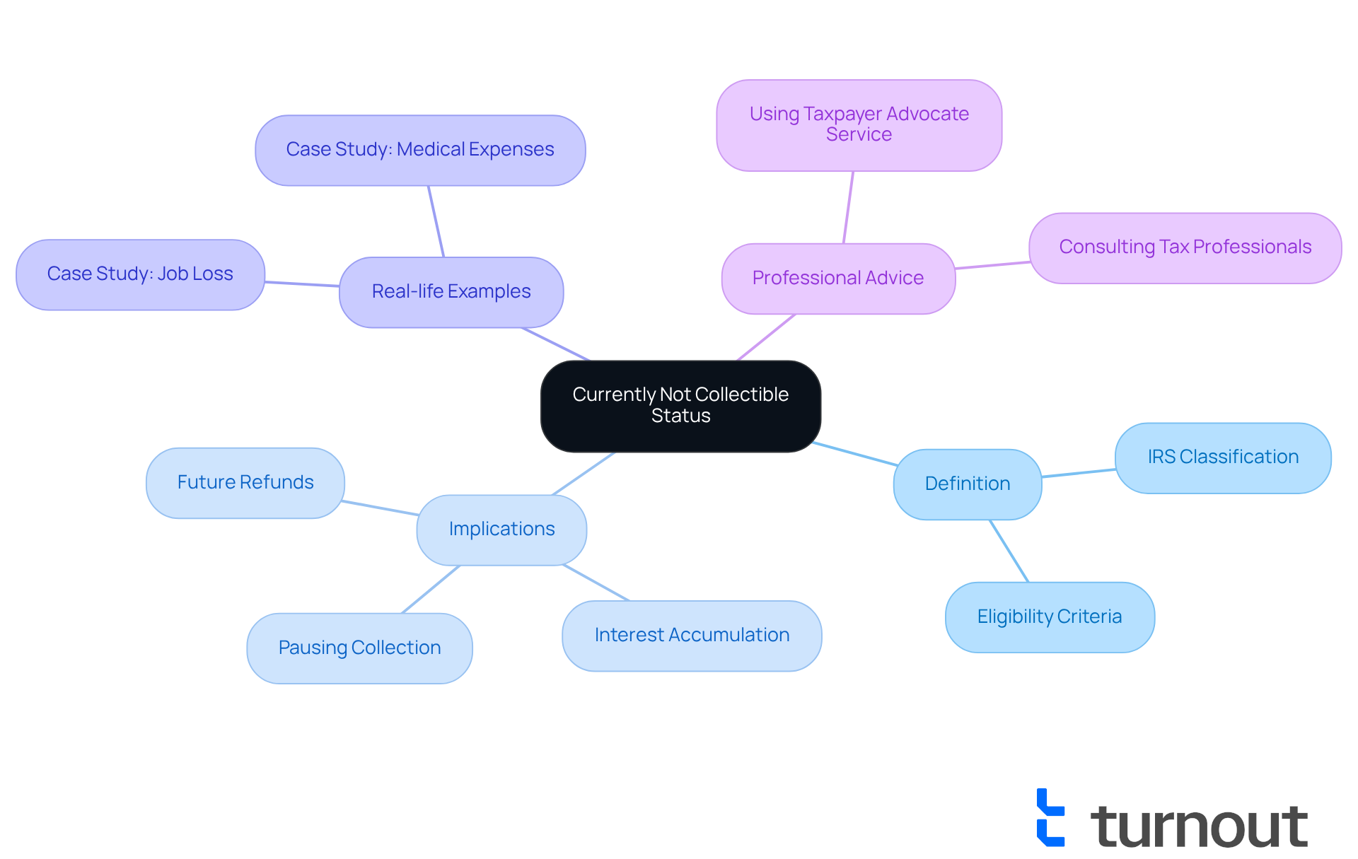 The central node represents the CNC status, while the branches show different aspects of it. Each color-coded branch helps you navigate through the definition, implications, real-life stories, and advice from tax professionals.