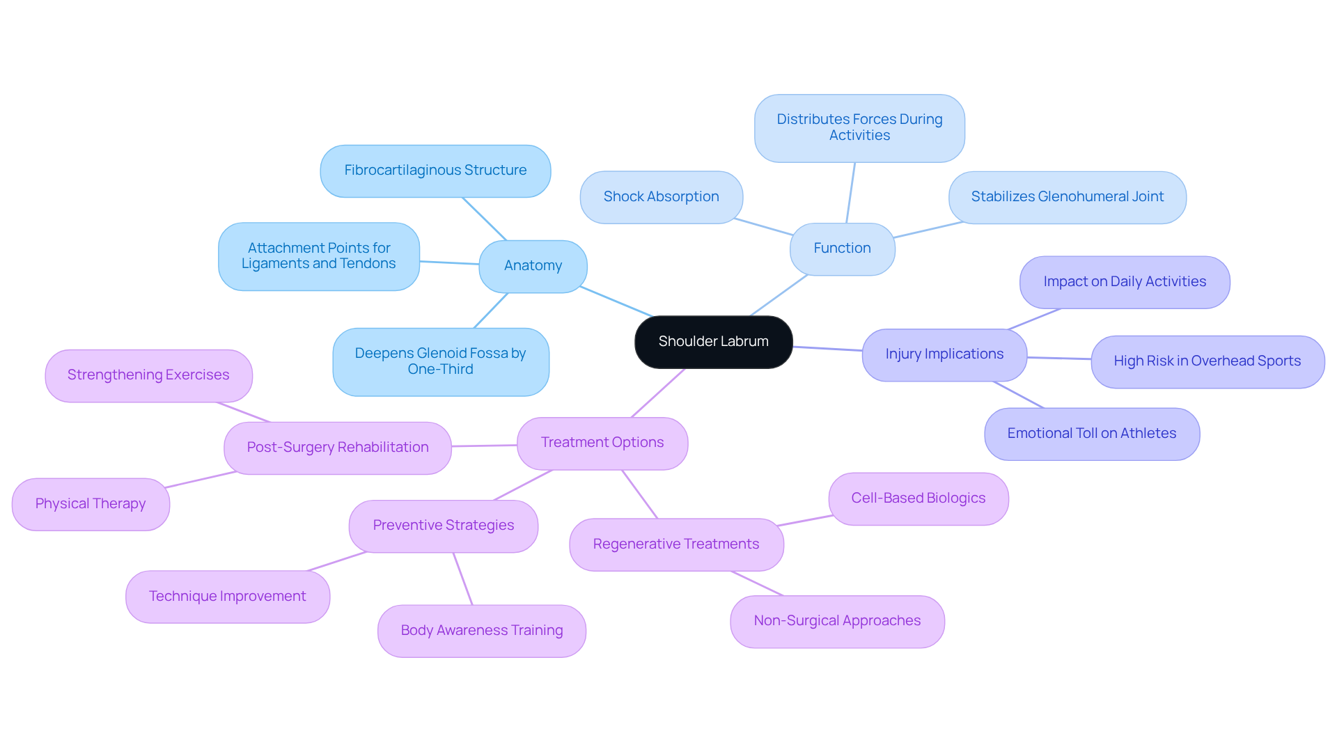 Start at the center with the shoulder labrum, then follow the branches to explore its anatomy, how it functions, the implications of injuries, and the treatment options available.