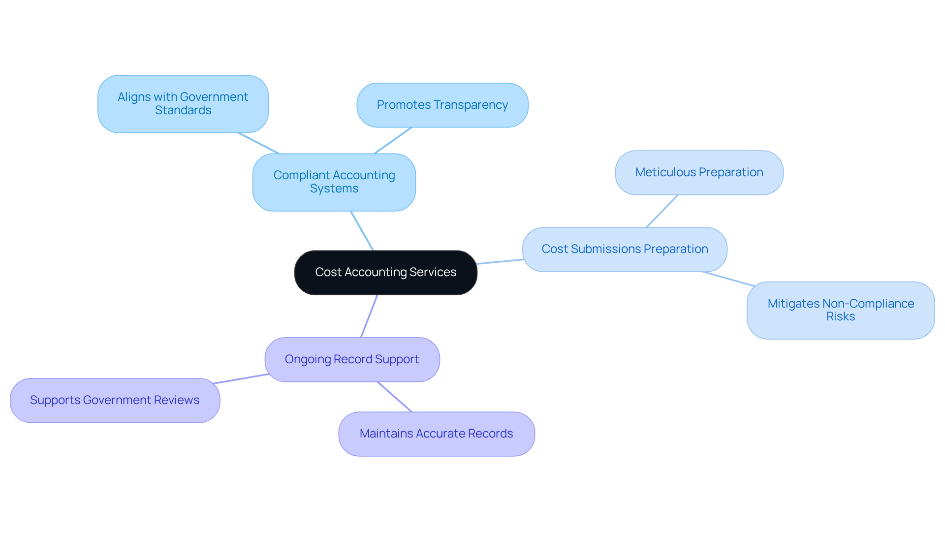 The central node represents the main service area, while the branches show specific services and their significance in ensuring compliance and accurate financial reporting.