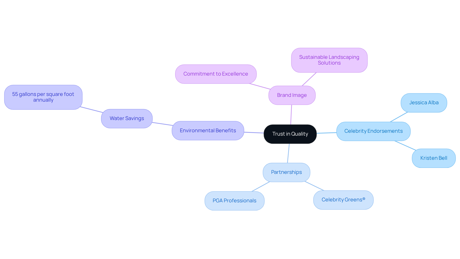 The central idea is trust in quality, with branches showing how celebrity endorsements and partnerships enhance the brand's reputation and highlight environmental benefits. Each branch represents a different aspect of the company's strategy. The central idea is trust in quality, with branches showing how celebrity endorsements and partnerships enhance the brand's reputation and highlight environmental benefits. Each branch represents a different aspect of the company's strategy.