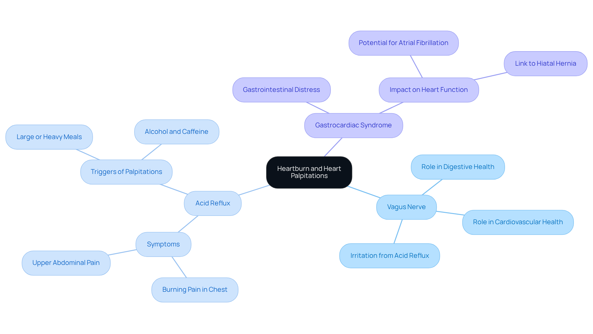The central node represents the main topic, while branches show related concepts. Each color-coded branch helps you see how different factors like the vagus nerve and gastrocardiac syndrome connect to the experience of heartburn and palpitations.