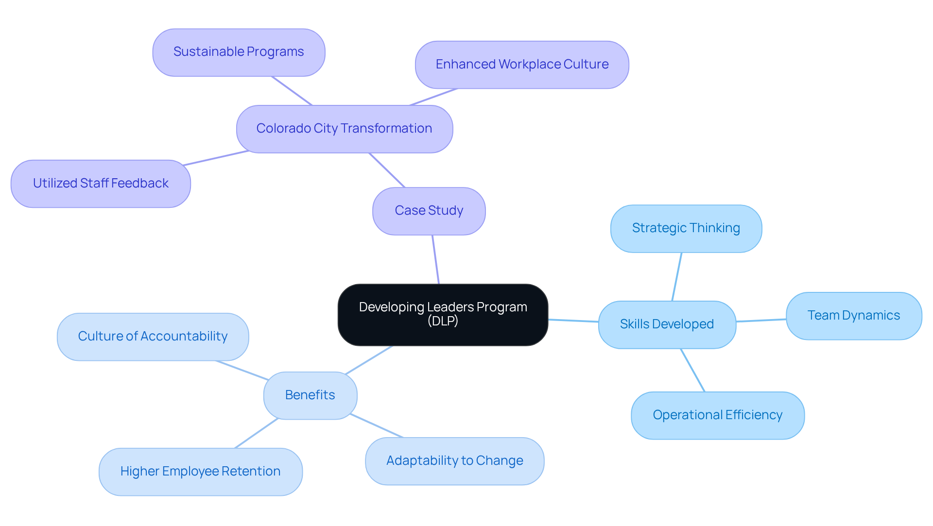 The central node represents the Developing Leaders Program, while the branches show the skills it develops, the benefits it brings to organizations, and a real-world example of its impact. Each branch helps you understand how the program contributes to nurturing effective leaders. The central node represents the Developing Leaders Program, while the branches show the skills it develops, the benefits it brings to organizations, and a real-world example of its impact. Each branch helps you understand how the program contributes to nurturing effective leaders.