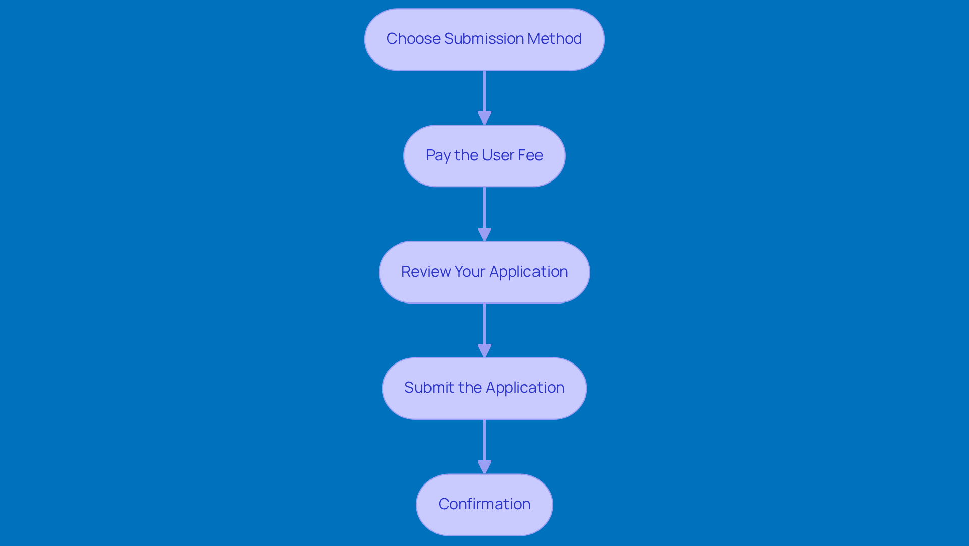 Each box represents a step in the application process. Follow the arrows to see what you need to do next, from choosing how to submit to receiving confirmation of your application.