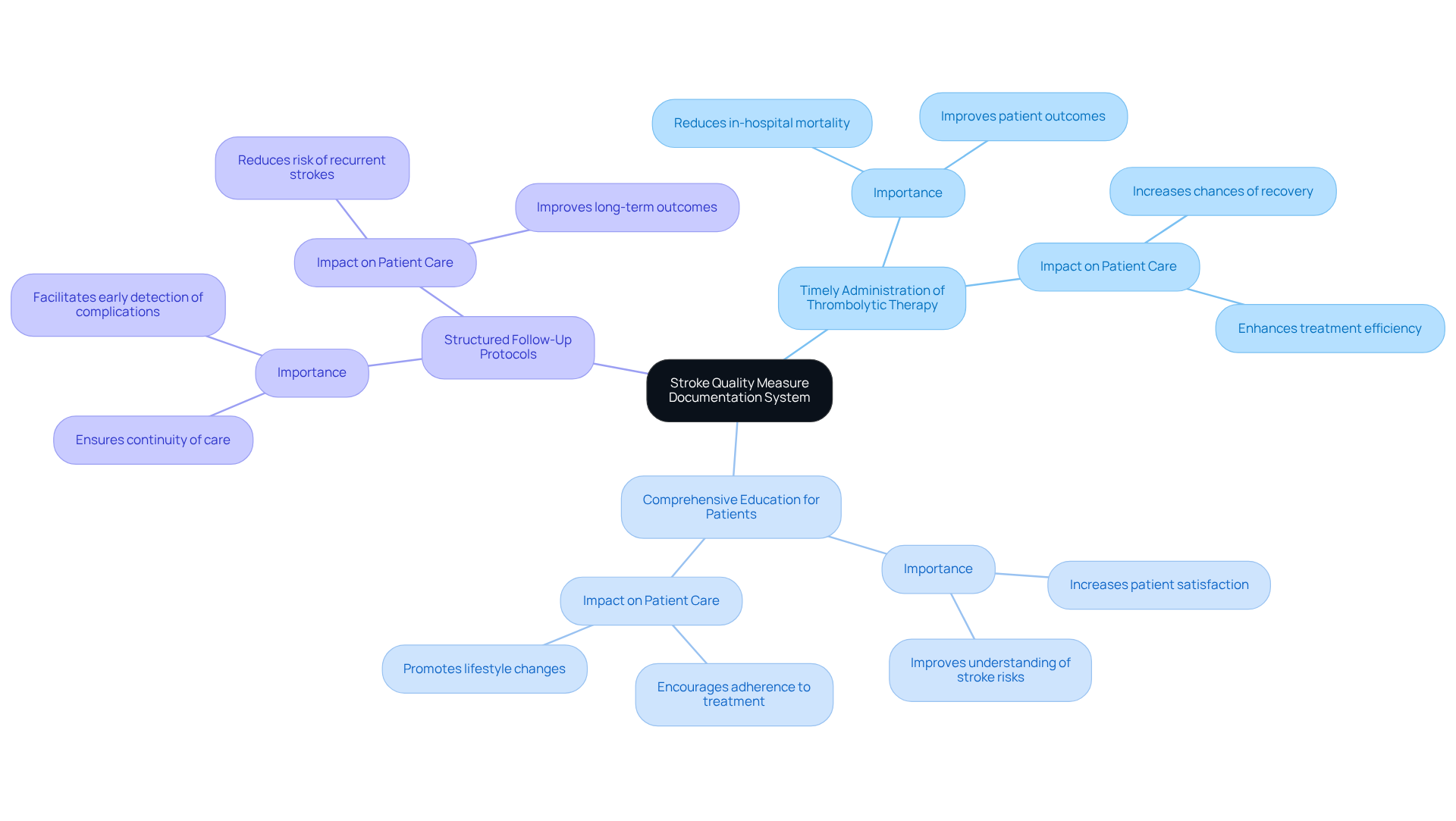 The central node represents the documentation system, while the branches show key metrics that help improve stroke care. Each metric is crucial for ensuring high-quality treatment and patient safety.