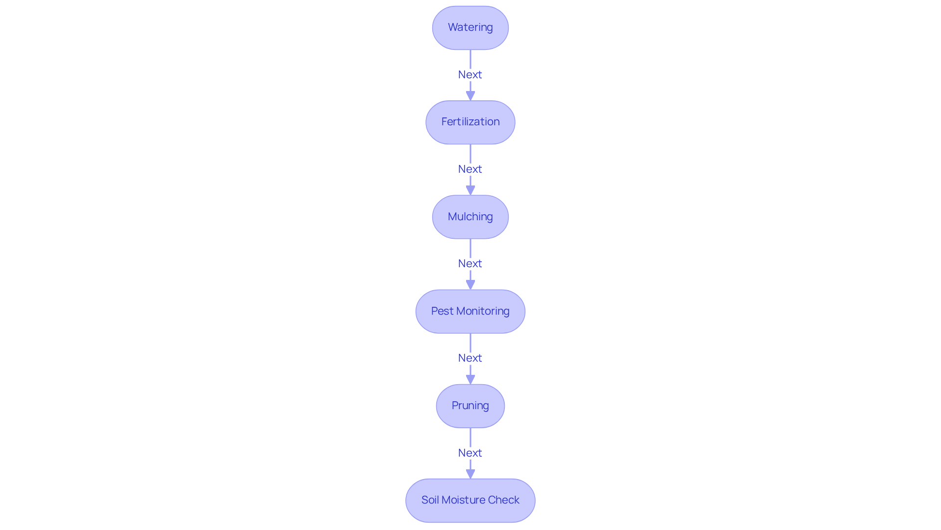 Each box in the flowchart represents a specific care task for the giant granadilla plant. Follow the arrows to see the order in which you should perform these tasks for optimal plant health.
