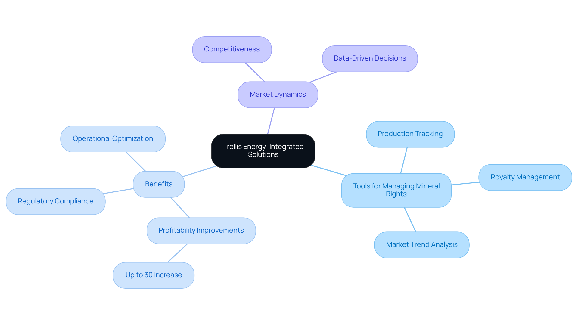 The central node represents Trellis Energy's offerings, branching out to show key tools and their benefits. Each branch illustrates how these tools contribute to enhancing profitability and competitiveness in mineral rights management.