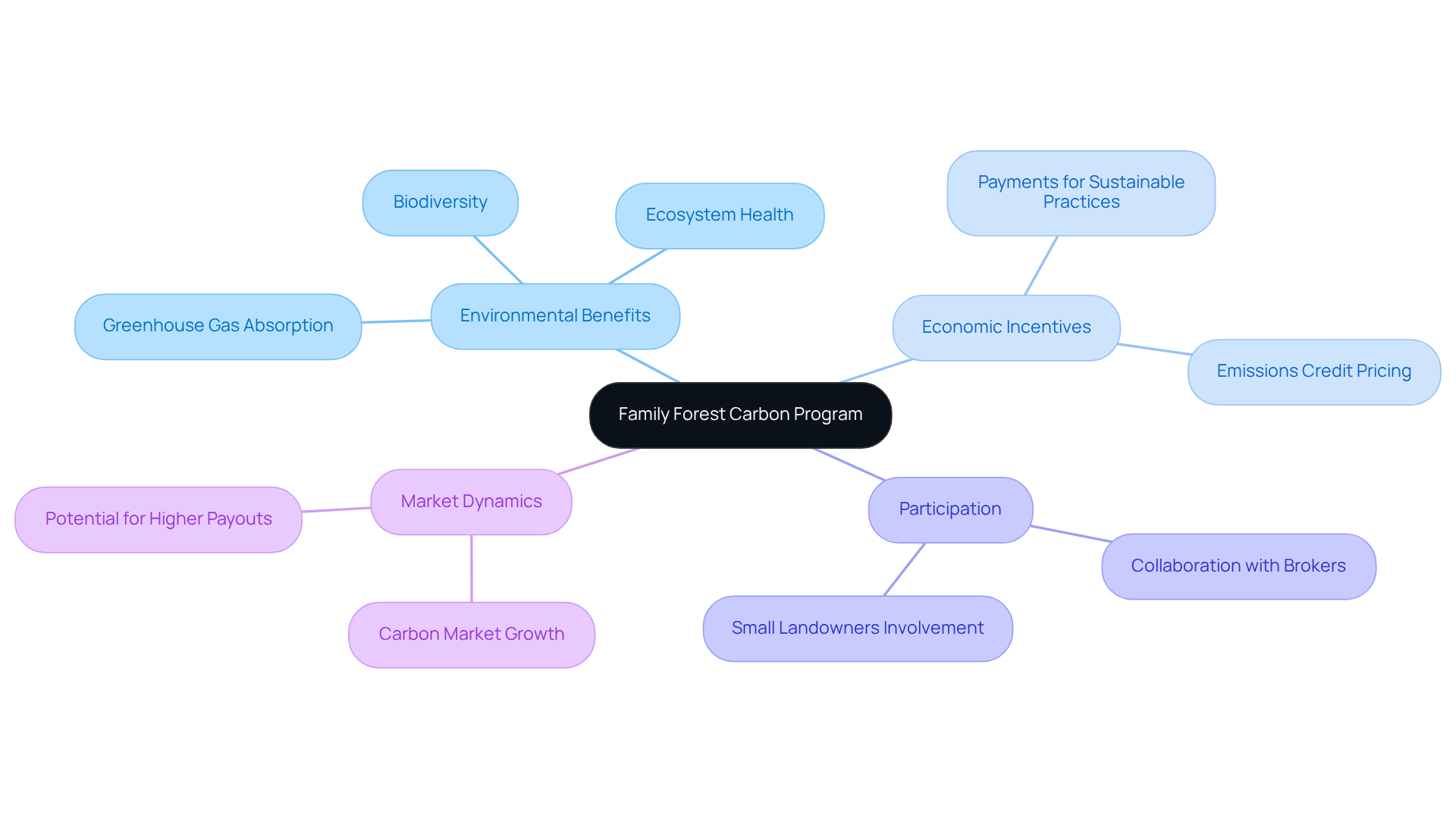 The central node represents the program, while branches show its key components. Each color-coded branch highlights different aspects, making it easy to understand how they contribute to the overall goal of offsetting emissions through conservation. The central node represents the program, while branches show its key components. Each color-coded branch highlights different aspects, making it easy to understand how they contribute to the overall goal of offsetting emissions through conservation.
