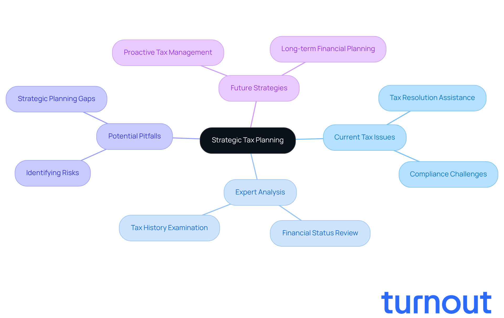 The center represents the main goal of strategic tax planning, while the branches show different aspects to consider, helping you visualize how to tackle current issues and prepare for the future.