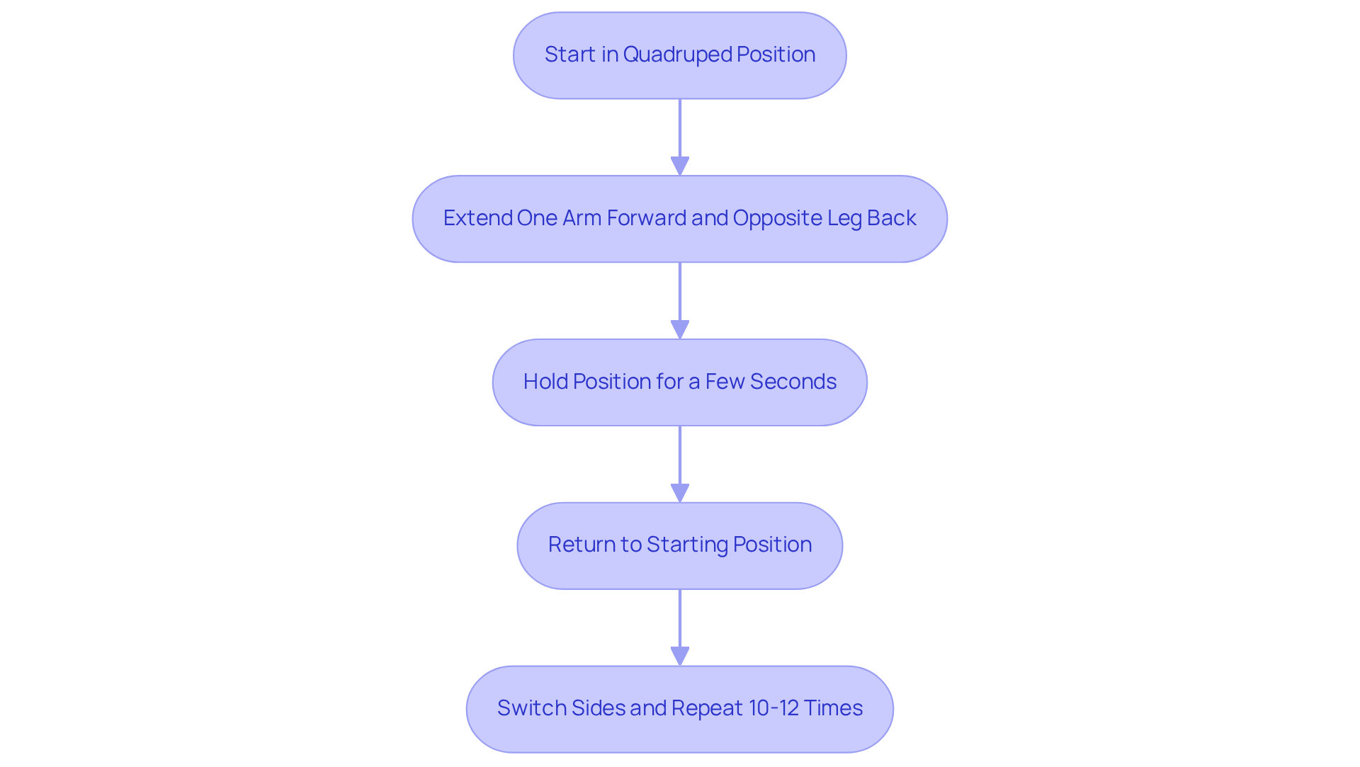 This flowchart guides you through the Bird-Dog Exercise. Each box represents a step in the process, and the arrows show you the order to follow. Start in the quadruped position, extend your arm and leg, hold, return, and switch sides. Remember to focus on your form to get the best results! This flowchart guides you through the Bird-Dog Exercise. Each box represents a step in the process, and the arrows show you the order to follow. Start in the quadruped position, extend your arm and leg, hold, return, and switch sides. Remember to focus on your form to get the best results!