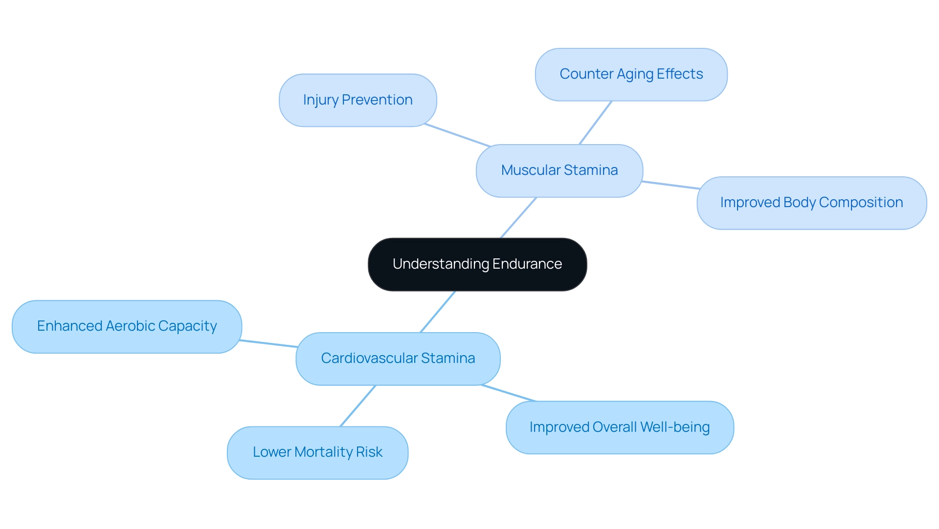 The central node represents the main concept of endurance, with branches showing cardiovascular and muscular stamina, and their respective benefits.