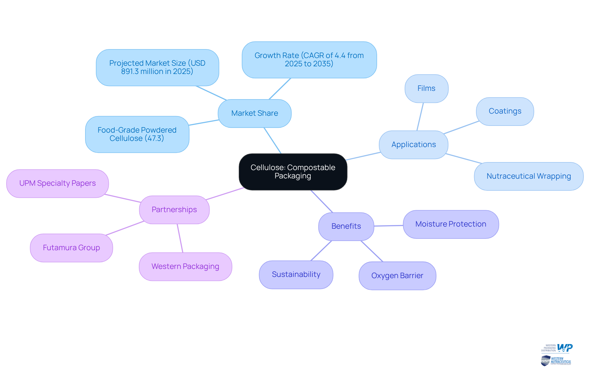 The center represents cellulose as the main topic. Branches show its market share, applications, benefits, and partnerships. Explore each branch to understand how cellulose impacts packaging and sustainability.