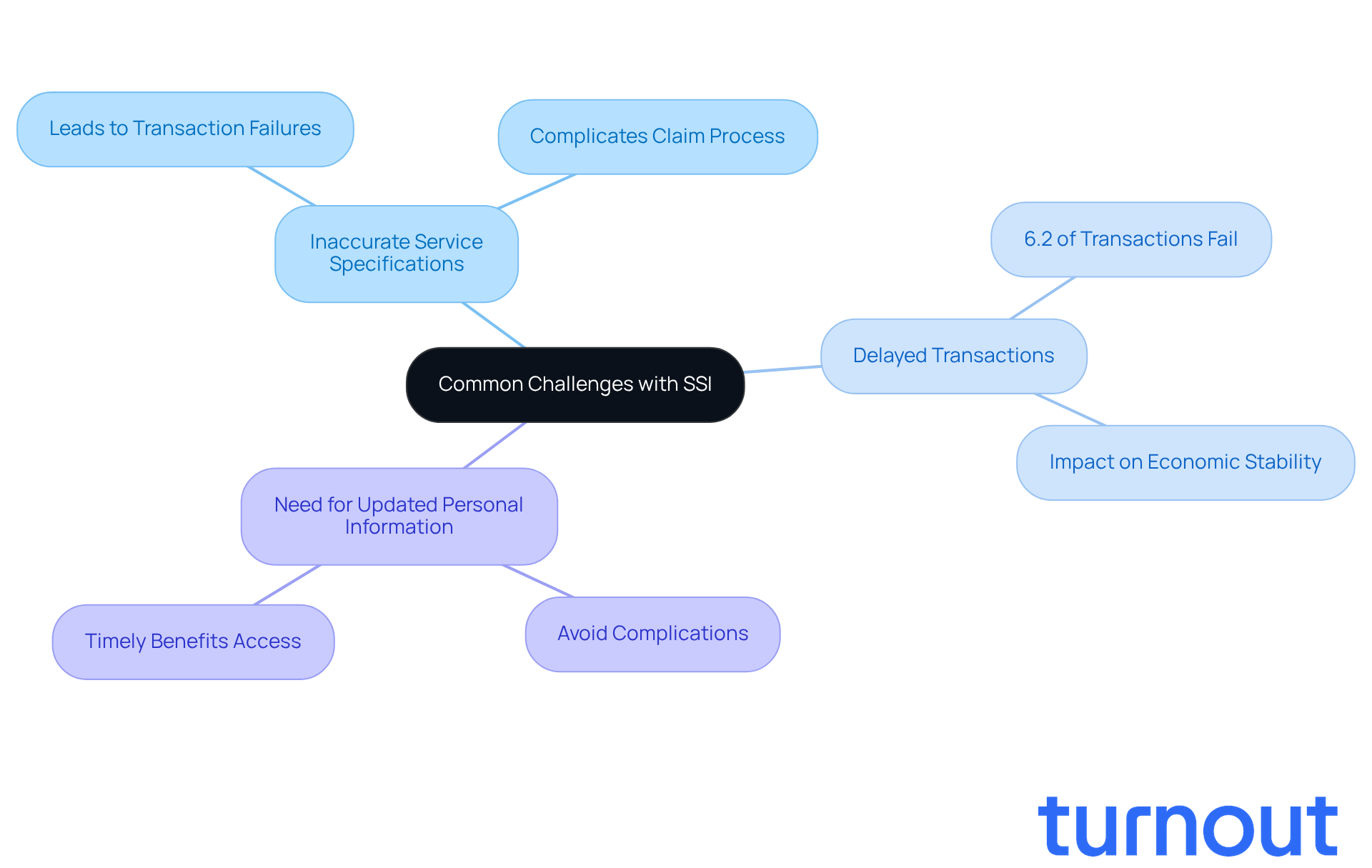 The center represents the main topic of challenges with SSI. Each branch shows a specific challenge, and the sub-branches provide more details or statistics related to those challenges. This layout helps you see how everything connects. The center represents the main topic of challenges with SSI. Each branch shows a specific challenge, and the sub-branches provide more details or statistics related to those challenges. This layout helps you see how everything connects.