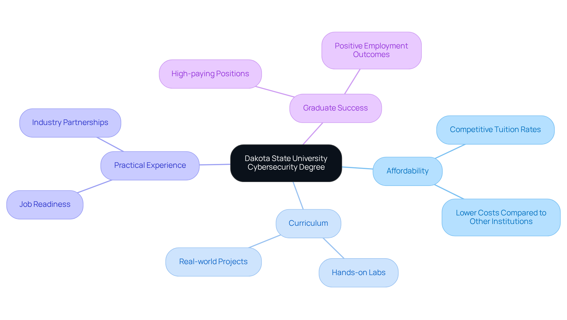 The center represents the university's program, and the branches show important aspects like cost, learning methods, and outcomes for graduates. Each branch helps you understand how Dakota State prepares students for a career in cybersecurity.
