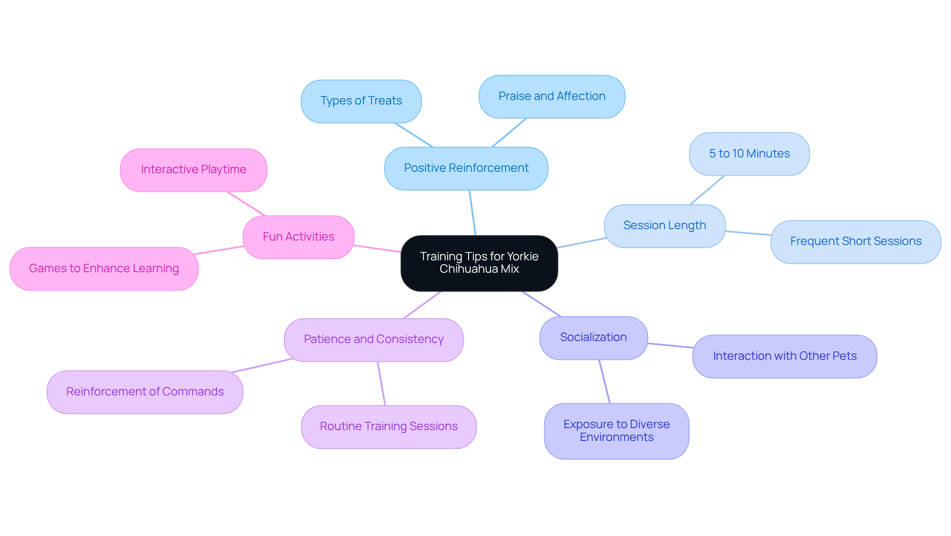 The center shows the main training tips, and the branches provide detailed advice under each category. Follow the branches to explore different aspects of training your Chorkie!