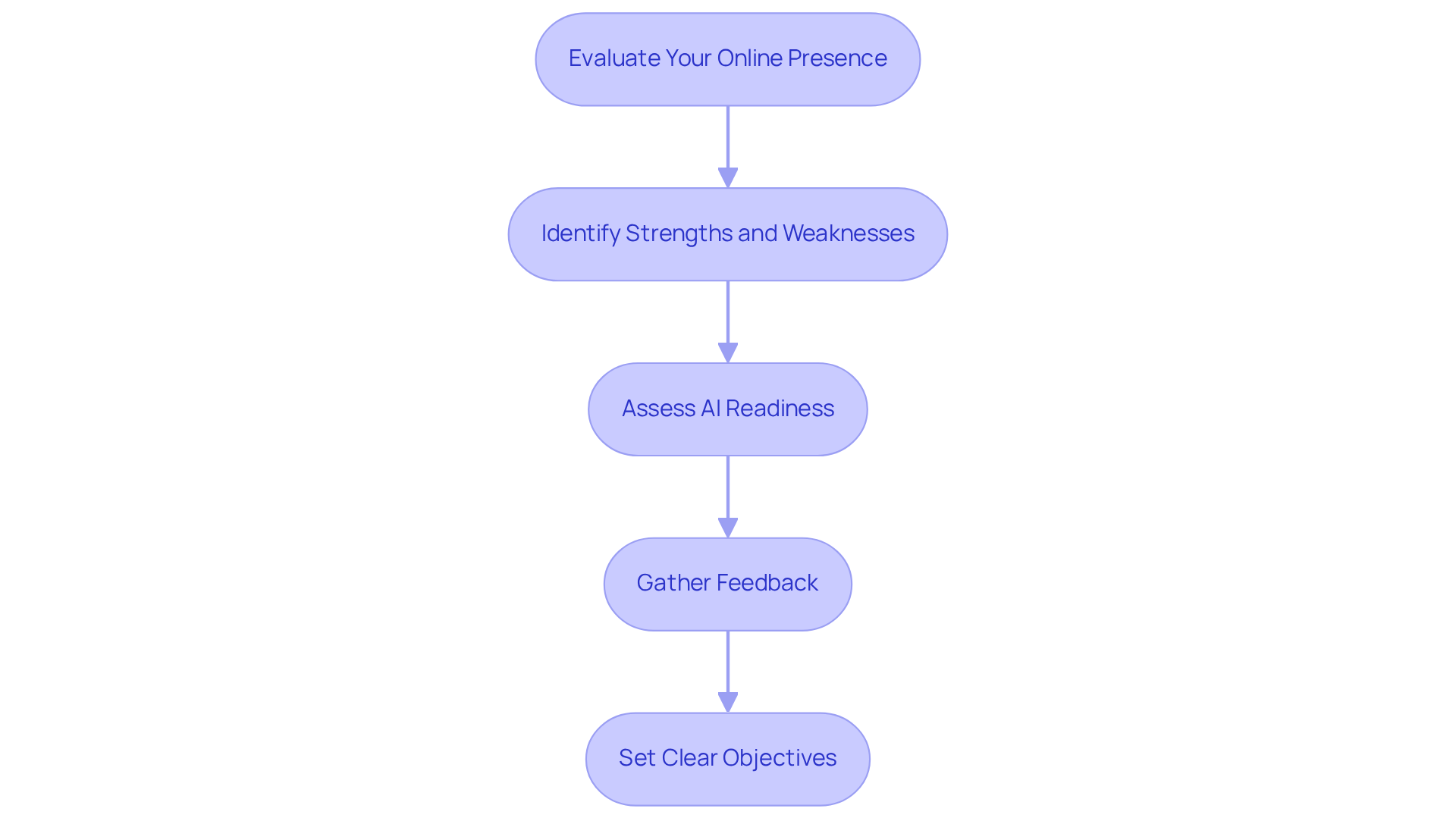 Each box represents a step in the assessment process. Follow the arrows to see how each step leads to the next, helping you optimize your digital presence and prepare for AI integration.