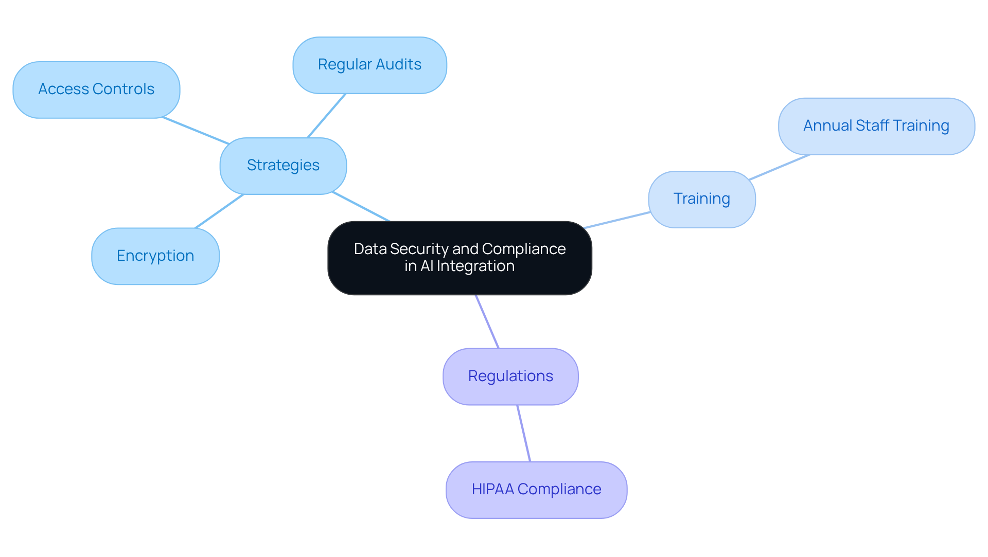 The central node represents the main focus on data security and compliance. Each branch shows a key area of focus, with further details on specific strategies and practices that support the overall goal. The central node represents the main focus on data security and compliance. Each branch shows a key area of focus, with further details on specific strategies and practices that support the overall goal.