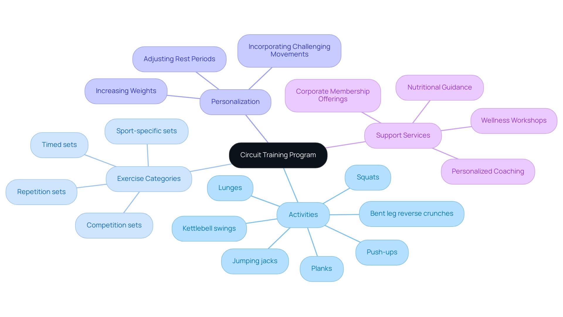 The central node represents the overall circuit training program, with branches for activities, exercise categories, personalization options, and support services.