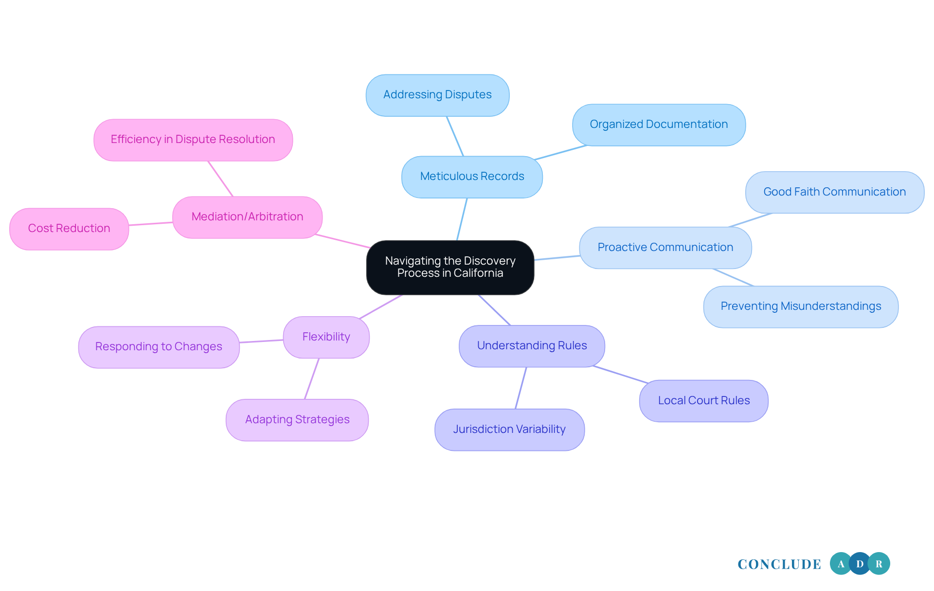 The central node represents the overarching goal of navigating the discovery process, while the branches highlight important factors to consider, making it easy to see how each factor contributes to overall success.