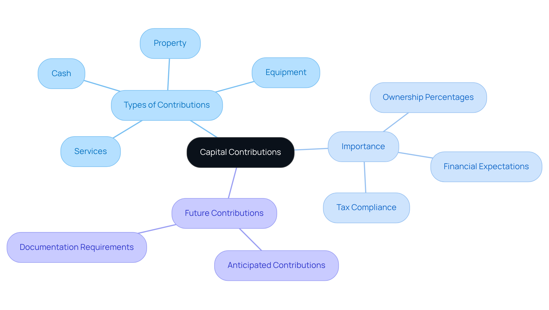 The center represents the main topic of capital contributions, while the branches show different types and their significance. Each color-coded branch helps you see how contributions affect ownership and financial clarity. The center represents the main topic of capital contributions, while the branches show different types and their significance. Each color-coded branch helps you see how contributions affect ownership and financial clarity.
