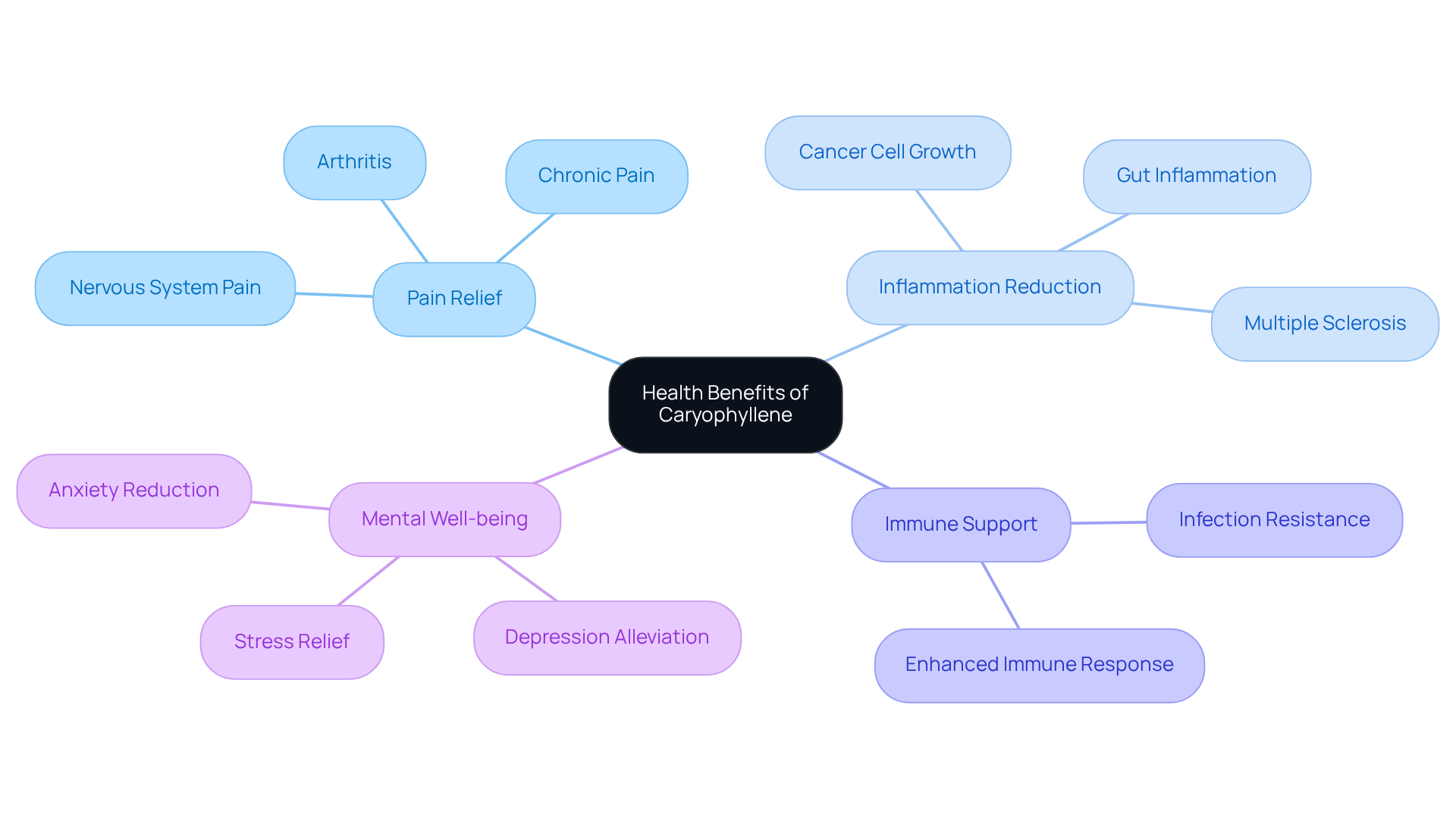 The central node represents caryophyllene, with branches illustrating its various health benefits. Follow the branches to see how each benefit relates to specific health issues and overall wellness.