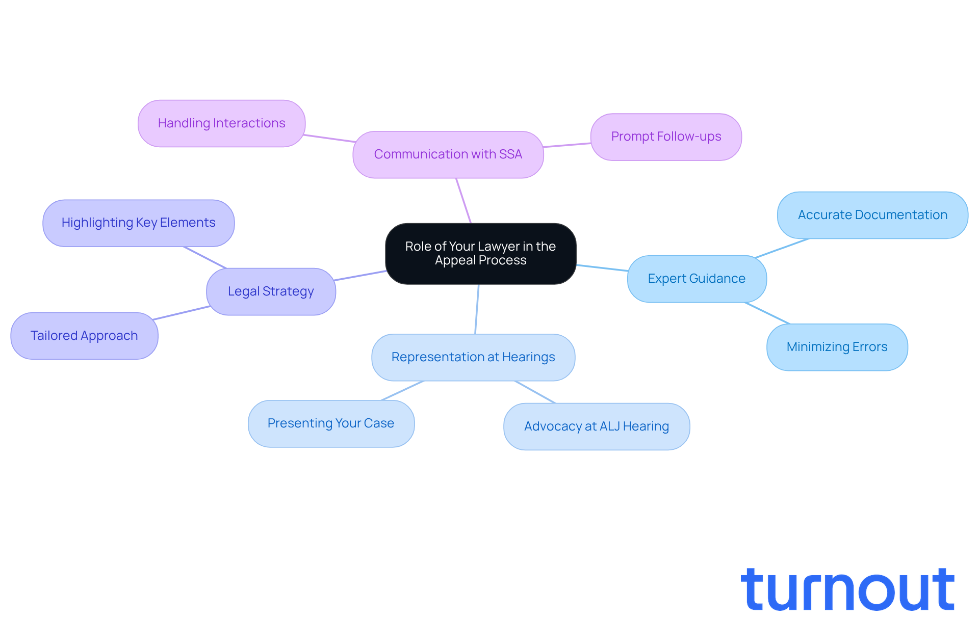 The central node represents the overall role of a lawyer, while the branches show specific areas where they provide support. Each sub-branch highlights the actions or benefits associated with that area, helping you understand how a lawyer can assist you in the appeal process.