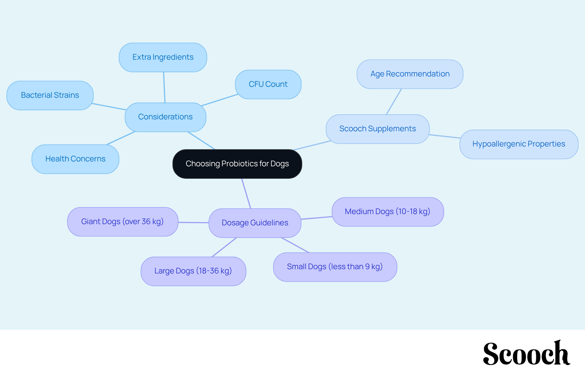 This mindmap helps pet owners visualize the important factors when selecting probiotics for their dogs, detailing considerations, specific product attributes, and dosage recommendations based on dog size. This mindmap helps pet owners visualize the important factors when selecting probiotics for their dogs, detailing considerations, specific product attributes, and dosage recommendations based on dog size.