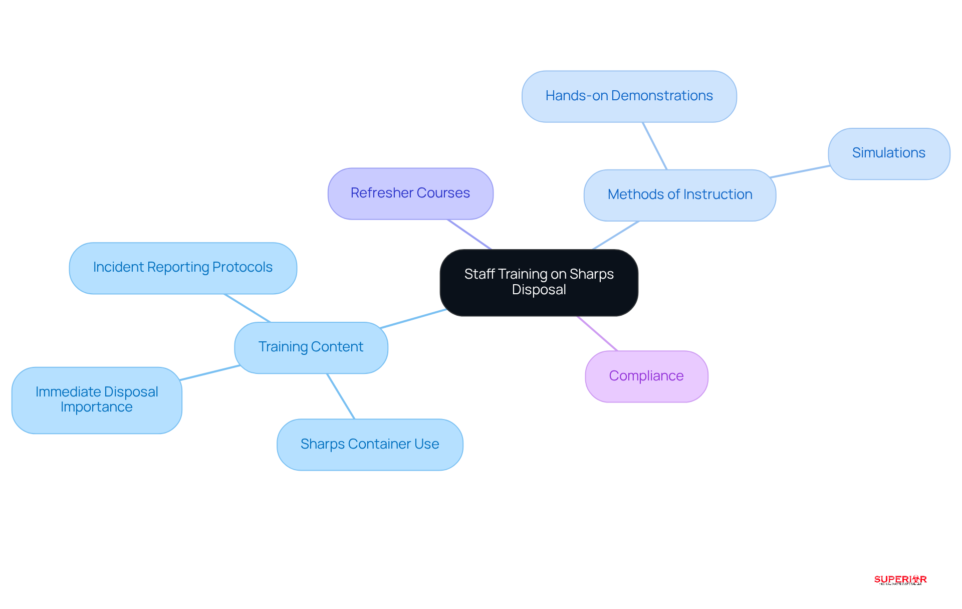 The central node represents the main training focus, while the branches show different aspects of the training program. Each sub-branch provides specific details, helping you understand how comprehensive and interconnected the training is.