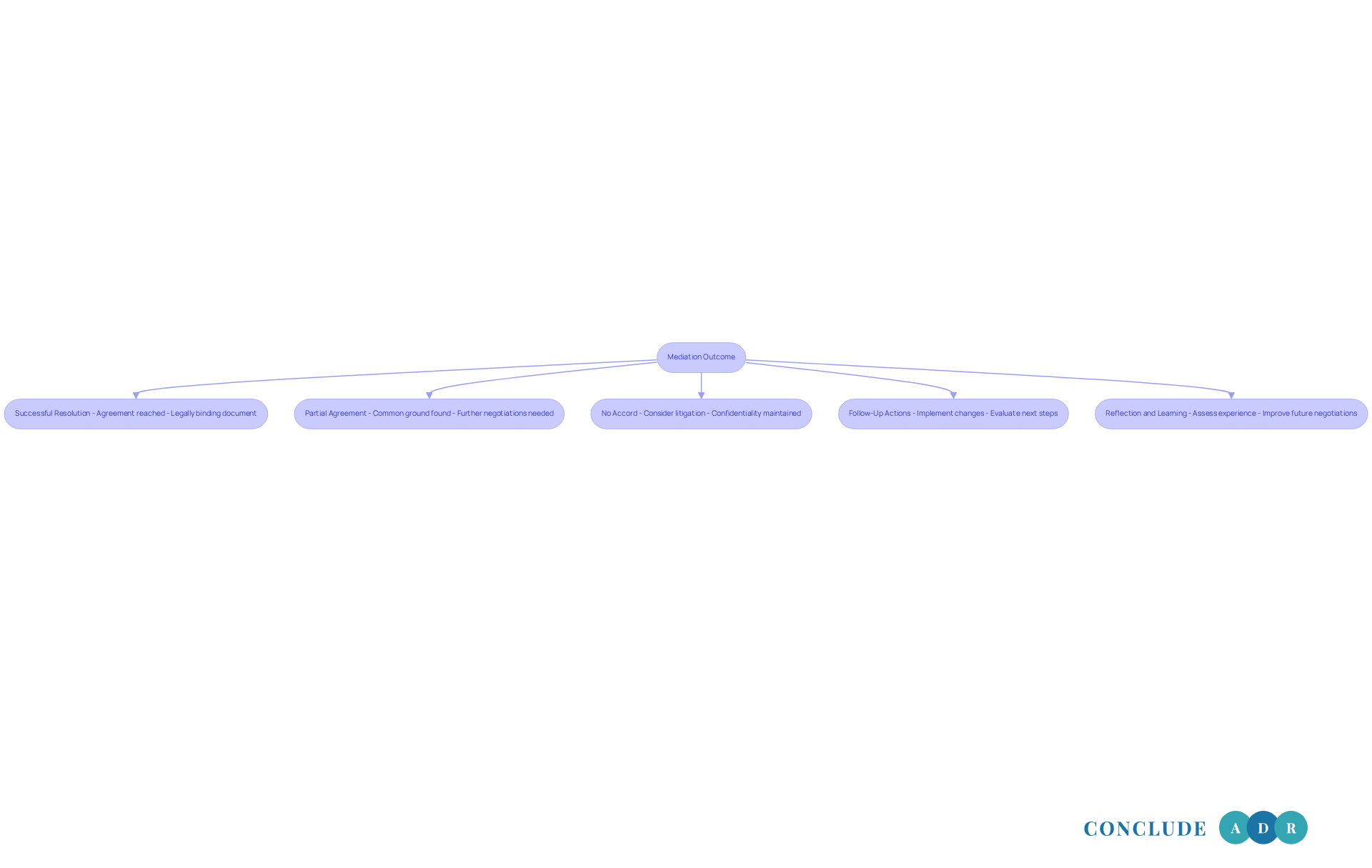 This flowchart shows what can happen after mediation. Each box represents a different outcome, and the arrows guide you through the choices and actions you might consider based on what happens.