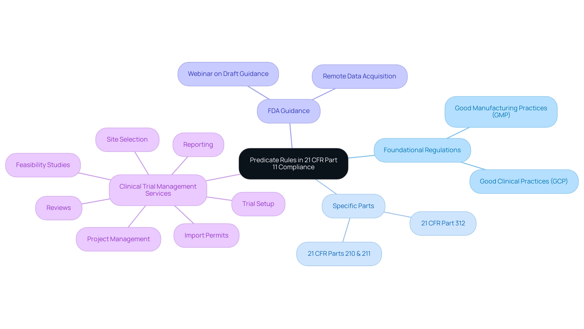 The central node represents the overarching concept, while branches denote key areas, regulations, and tasks related to predicate rules in compliance.