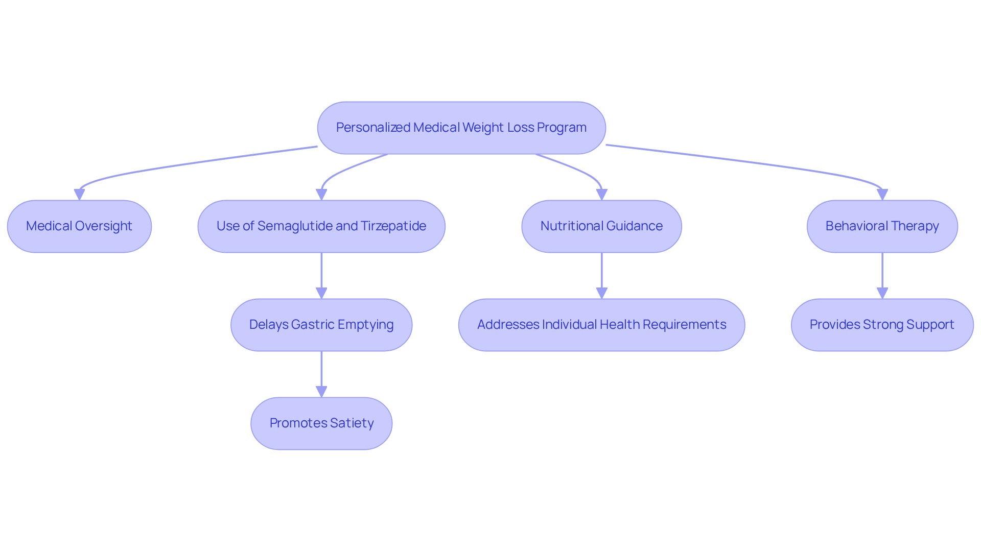 This flowchart illustrates the steps and components of the personalized medical weight loss program. Each box represents a key part of the program, showing how they work together to support your weight loss journey. Follow the arrows to see how each element connects and contributes to your success.