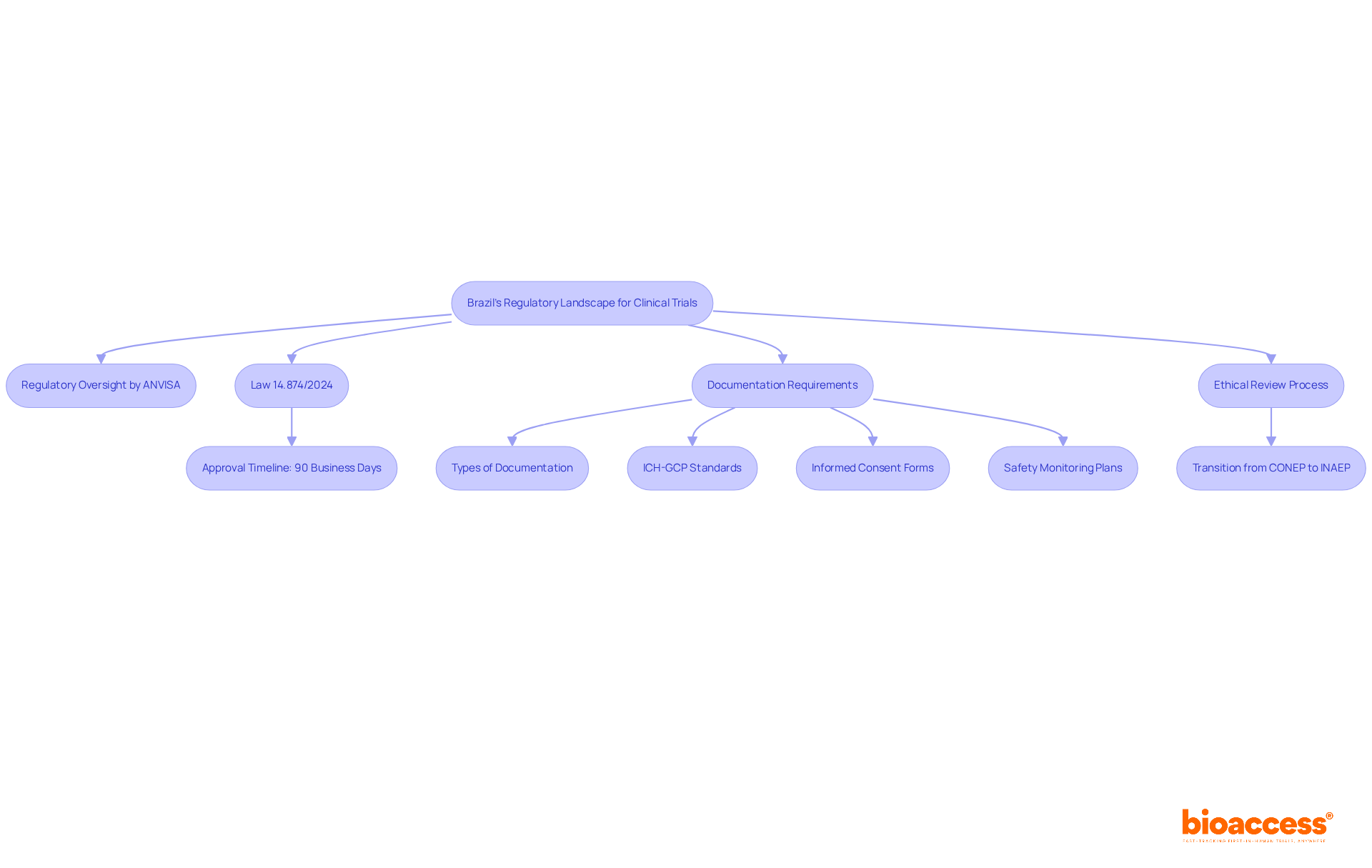 This flowchart illustrates the steps and components involved in conducting clinical trials in Brazil. Start at the top with the main regulatory framework, then follow the arrows to see how each part connects, including laws, documentation, and ethical reviews. This flowchart illustrates the steps and components involved in conducting clinical trials in Brazil. Start at the top with the main regulatory framework, then follow the arrows to see how each part connects, including laws, documentation, and ethical reviews.