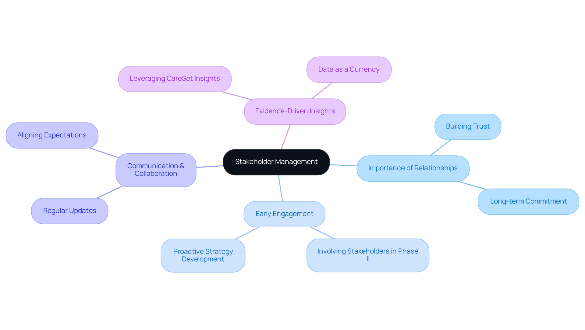 Start at the center with the concept of stakeholder management, then explore each branch to see the key strategies and relationships that contribute to successful market entry.