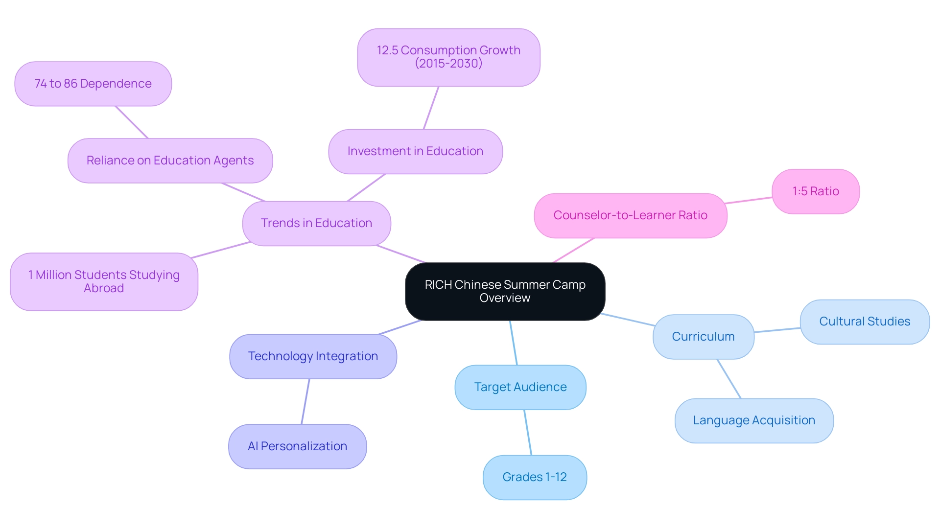 Each branch represents a key aspect of the camp, with colors indicating different categories such as audience, curriculum, technology, trends, and support structure.