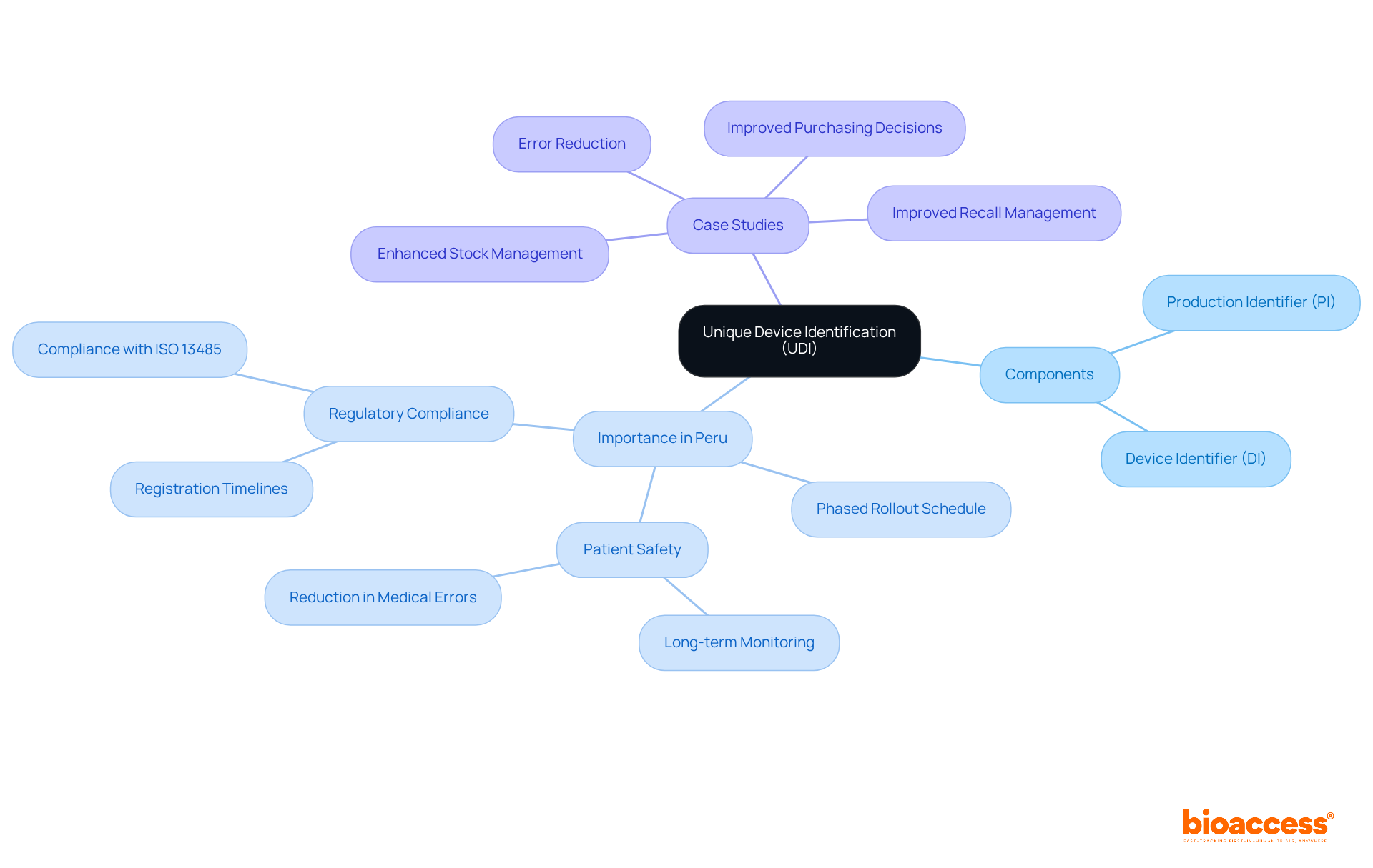 The central node represents UDI, with branches showing its components and benefits. Each branch helps you see how UDI contributes to better healthcare management and patient safety in Peru.