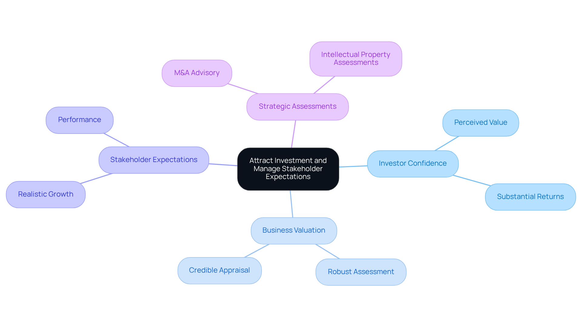 This mindmap illustrates how various factors contribute to attracting investment and managing stakeholder expectations. Start at the center with the main theme, then explore how investor confidence, business valuation, and strategic assessments are interconnected. Each branch represents a key area, and the sub-branches provide more detail on specific aspects.