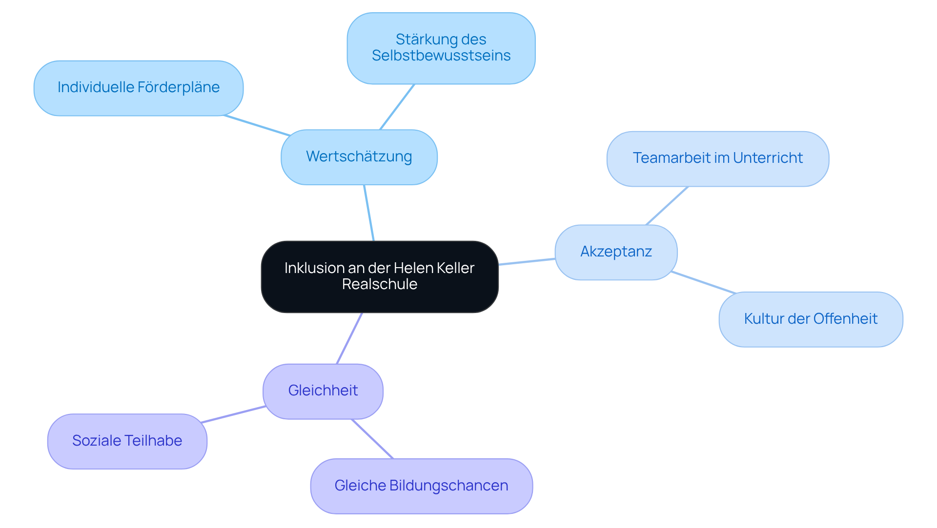 Im Zentrum steht das Konzept der Inklusion. Die Äste zeigen die drei Grundprinzipien, und die Unterpunkte verdeutlichen, wie diese Prinzipien in der Praxis umgesetzt werden und welche positiven Effekte sie haben.