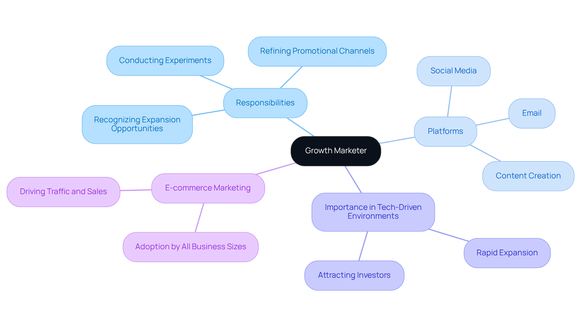 The center represents the growth marketer, while the branches show their key responsibilities and the context in which they operate. Explore the branches to understand how these elements connect. The center represents the growth marketer, while the branches show their key responsibilities and the context in which they operate. Explore the branches to understand how these elements connect.