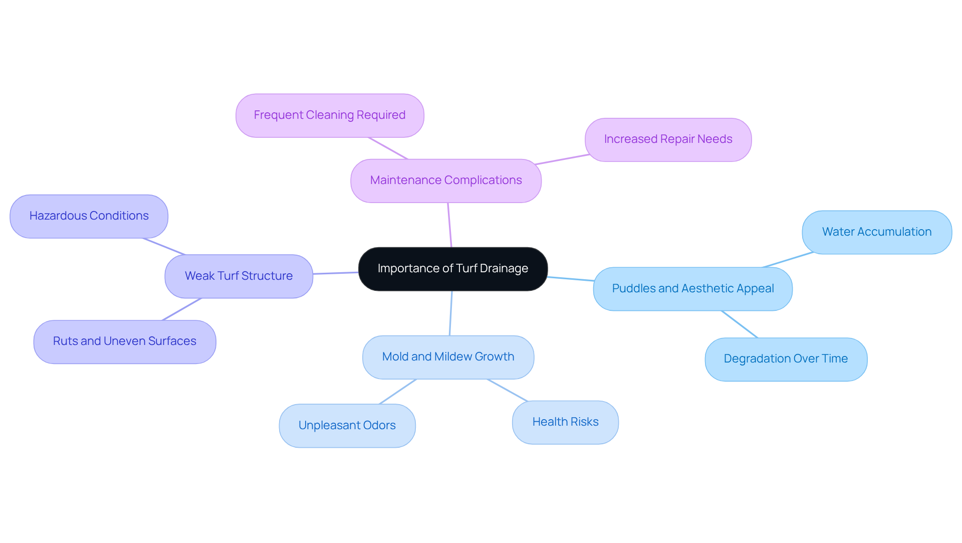 Start at the center with the main topic of turf drainage. Each branch represents a specific problem caused by poor drainage, helping you understand how they all connect back to the importance of effective water management. Start at the center with the main topic of turf drainage. Each branch represents a specific problem caused by poor drainage, helping you understand how they all connect back to the importance of effective water management.