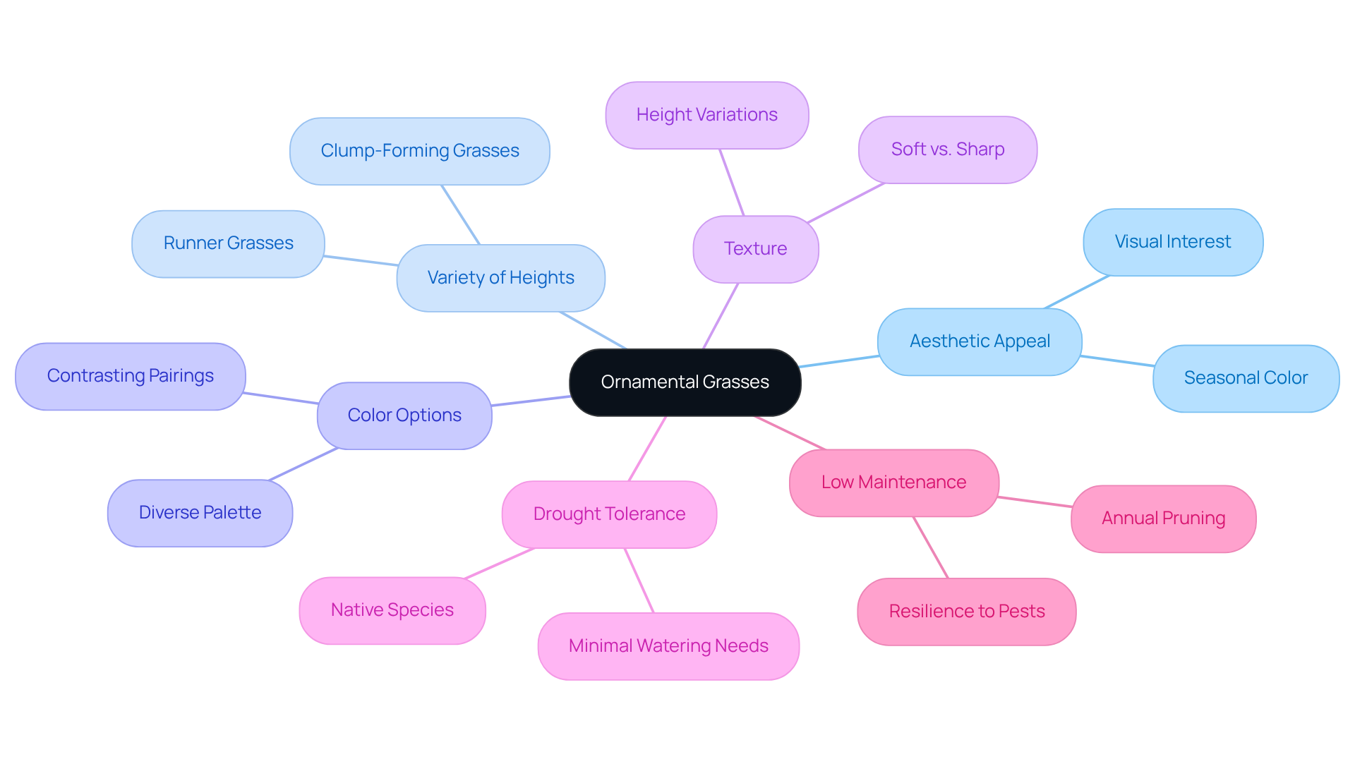 This mindmap shows how ornamental grasses can enhance landscapes. Each branch represents a different quality that makes them a great choice compared to traditional lawns. This mindmap shows how ornamental grasses can enhance landscapes. Each branch represents a different quality that makes them a great choice compared to traditional lawns.