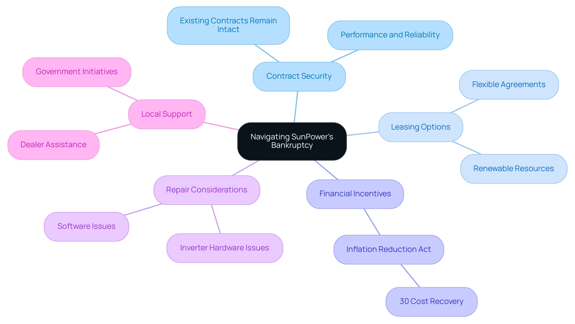 The central node represents the main topic, with branches for each key area of concern, color-coded to indicate different themes.